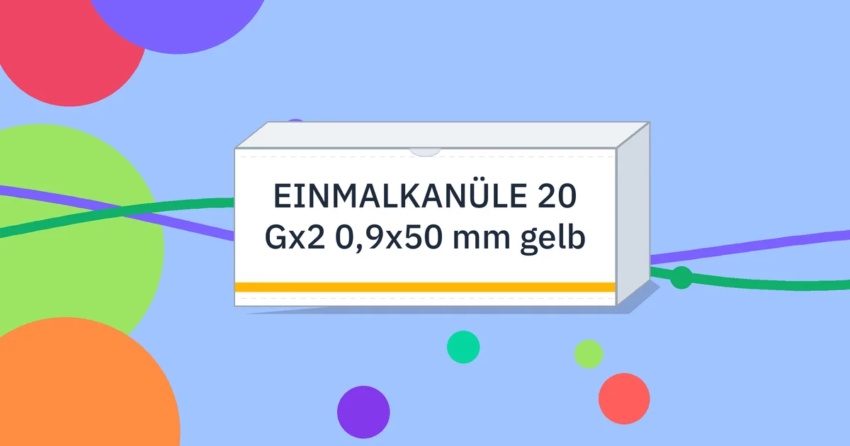 Symbolbild: Packung mit der Aufschrift EINMALKANÜLE 20 Gx2 0,9x50 mm gelb (PZN 18717566) – Verfügbarkeit und Bezug in Apotheken in Frankfurt am Main