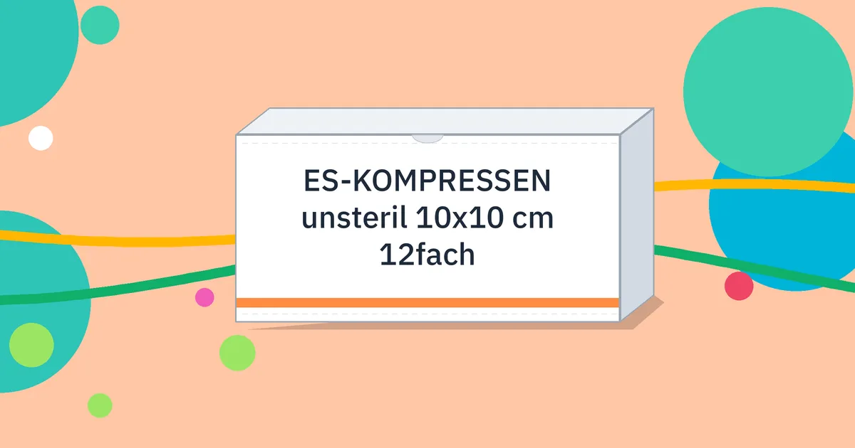 Symbolbild: Packung mit der Aufschrift ES-KOMPRESSEN unsteril 10x10 cm 12fach (PZN 10032113) – Verfügbarkeit und Bezug in Apotheken in Frankfurt am Main