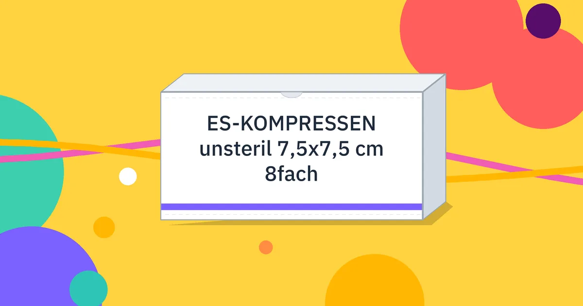 Symbolbild: Packung mit der Aufschrift ES-KOMPRESSEN unsteril 7,5x7,5 cm 8fach (PZN 07524539) – Verfügbarkeit und Bezug in Apotheken in Frankfurt am Main