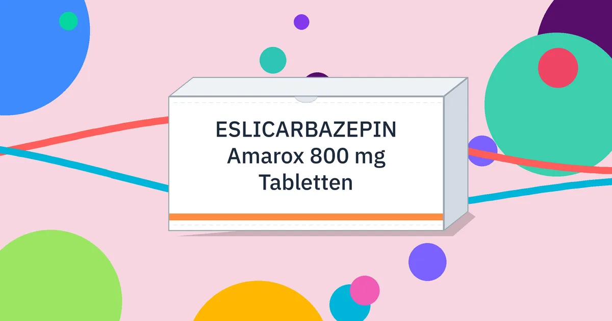 Symbolbild: Packung mit der Aufschrift ESLICARBAZEPIN Amarox 800 mg Tabletten (PZN 19155366) – Verfügbarkeit und Bezug in Apotheken in Frankfurt am Main