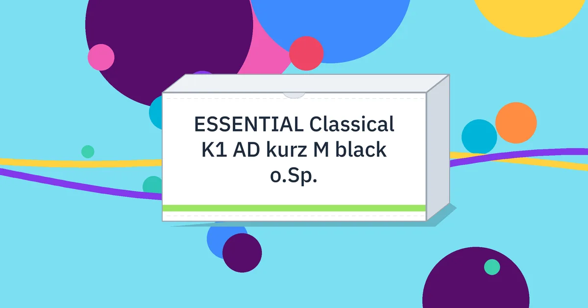 Symbolbild: Packung mit der Aufschrift ESSENTIAL Classical K1 AD kurz M black o.Sp. (PZN 17004143) – Verfügbarkeit und Bezug in Apotheken in Frankfurt am Main