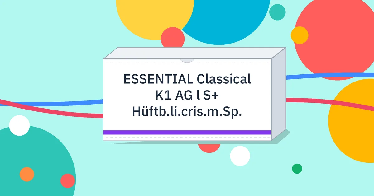 Symbolbild: Packung mit der Aufschrift ESSENTIAL Classical K1 AG l S+ Hüftb.li.cris.m.Sp. (PZN 17012177) – Verfügbarkeit und Bezug in Apotheken in Frankfurt am Main