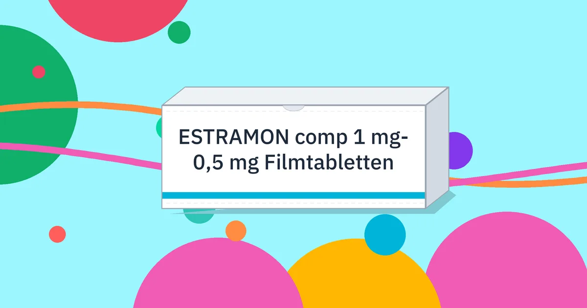Symbolbild: Packung mit der Aufschrift ESTRAMON comp 1 mg-0,5 mg Filmtabletten (PZN 12667778) – Verfügbarkeit und Bezug in Apotheken in Frankfurt am Main