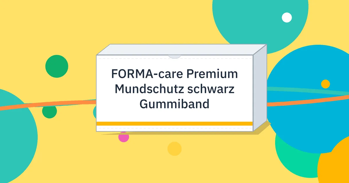 Symbolbild: Packung mit der Aufschrift FORMA-care Premium Mundschutz schwarz Gummiband (PZN 17974999) – Verfügbarkeit und Bezug in Apotheken in Frankfurt am Main