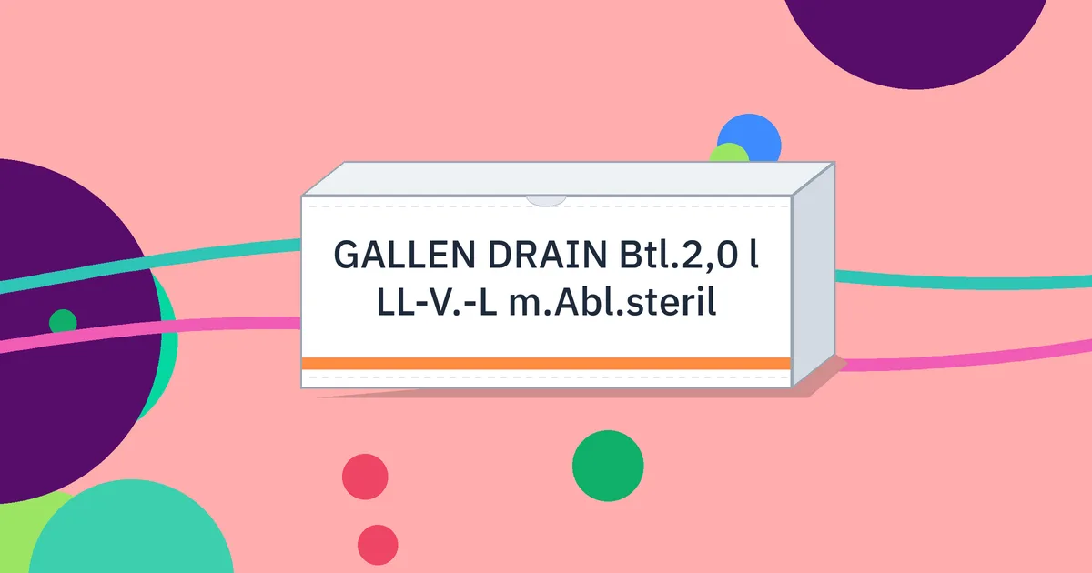 Symbolbild: Packung mit der Aufschrift GALLEN DRAIN Btl.2,0 l LL-V.-L m.Abl.steril (PZN 03403106) – Verfügbarkeit und Bezug in Apotheken in Frankfurt am Main