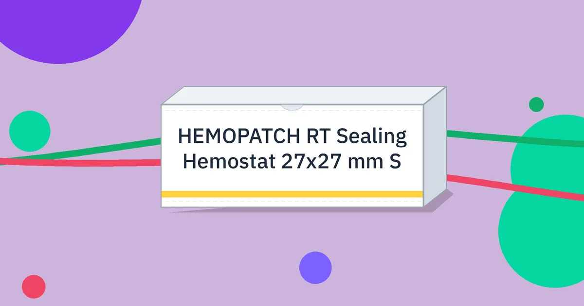 Symbolbild: Packung mit der Aufschrift HEMOPATCH RT Sealing Hemostat 27x27 mm S (PZN 19753570) – Verfügbarkeit und Bezug in Apotheken in Frankfurt am Main