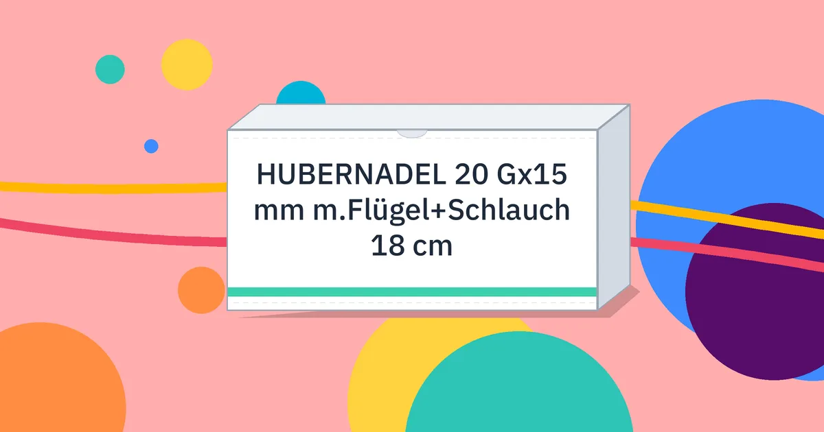 Symbolbild: Packung mit der Aufschrift HUBERNADEL 20 Gx15 mm m.Flügel+Schlauch 18 cm (PZN 02350201) – Verfügbarkeit und Bezug in Apotheken in Frankfurt am Main