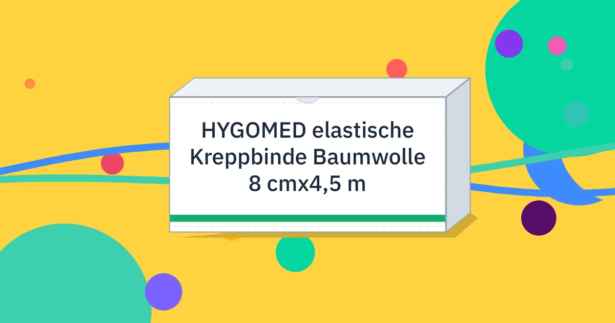 Symbolbild: Packung mit der Aufschrift HYGOMED elastische Kreppbinde Baumwolle 8 cmx4,5 m (PZN 20383144) – Verfügbarkeit und Bezug in Apotheken in Frankfurt am Main