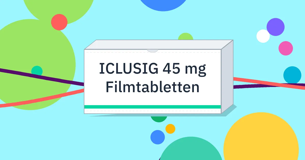 Symbolbild: Packung mit der Aufschrift ICLUSIG 45 mg Filmtabletten (PZN 20201947) – Verfügbarkeit und Bezug in Apotheken in Frankfurt am Main
