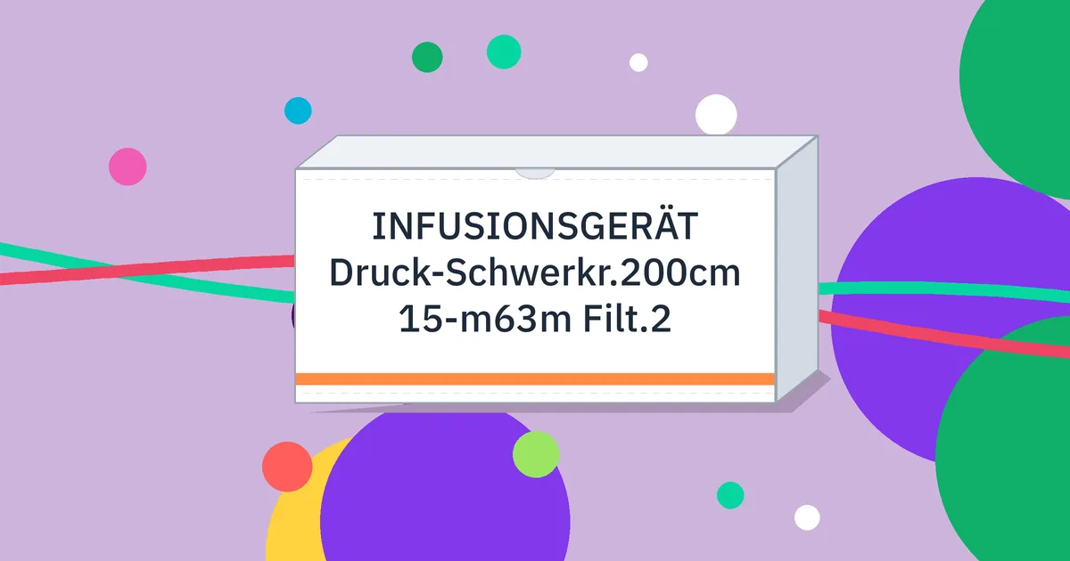 Symbolbild: Packung mit der Aufschrift INFUSIONSGERÄT Druck-Schwerkr.200cm 15-m63m Filt.2 (PZN 17395184) – Verfügbarkeit und Bezug in Apotheken in Frankfurt am Main