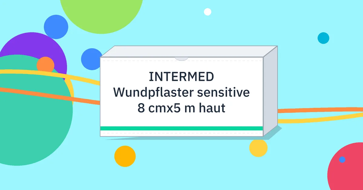 Symbolbild: Packung mit der Aufschrift INTERMED Wundpflaster sensitive 8 cmx5 m haut (PZN 02671081) – Verfügbarkeit und Bezug in Apotheken in Frankfurt am Main