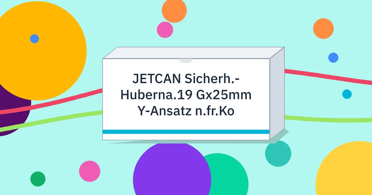 Symbolbild: Packung mit der Aufschrift JETCAN Sicherh.-Huberna.19 Gx25mm Y-Ansatz n.fr.Ko (PZN 20835959) – Verfügbarkeit und Bezug in Apotheken in Frankfurt am Main