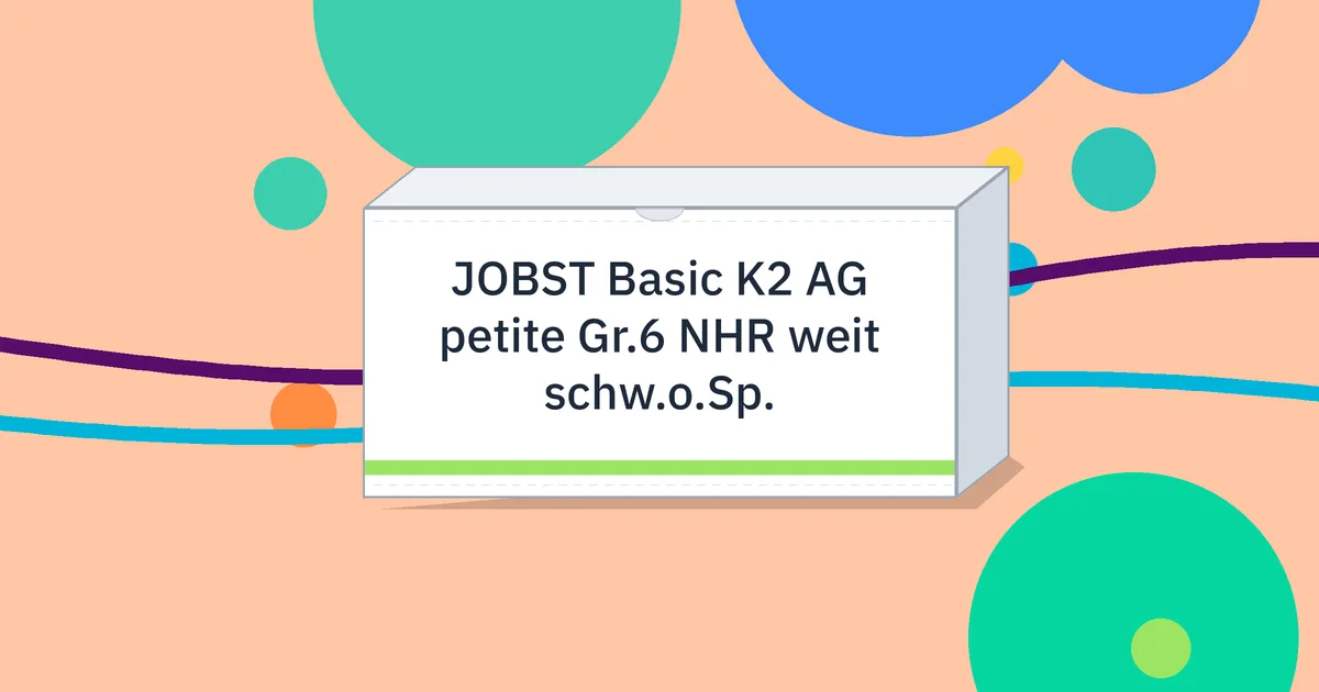 Symbolbild: Packung mit der Aufschrift JOBST Basic K2 AG petite Gr.6 NHR weit schw.o.Sp. (PZN 15311444) – Verfügbarkeit und Bezug in Apotheken in Frankfurt am Main