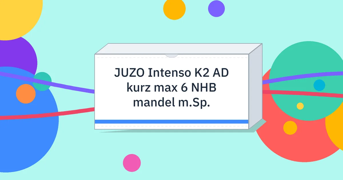 Symbolbild: Packung mit der Aufschrift JUZO Intenso K2 AD kurz max 6 NHB mandel m.Sp. (PZN 18612347) – Verfügbarkeit und Bezug in Apotheken in Frankfurt am Main