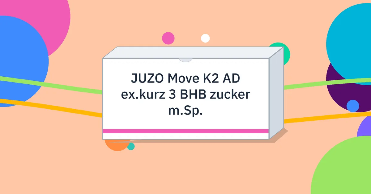 Symbolbild: Packung mit der Aufschrift JUZO Move K2 AD ex.kurz 3 BHB zucker m.Sp. (PZN 18510196) – Verfügbarkeit und Bezug in Apotheken in Frankfurt am Main