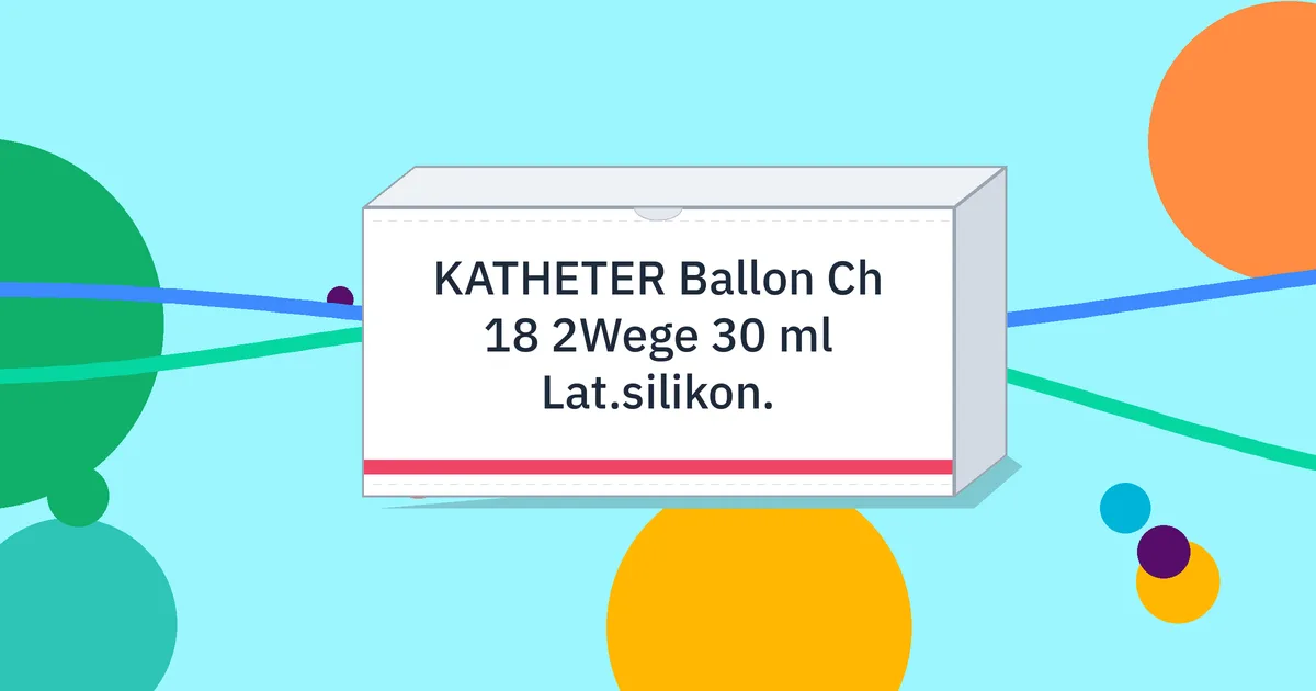 Symbolbild: Packung mit der Aufschrift KATHETER Ballon Ch 18 2Wege 30 ml Lat.silikon. (PZN 14292673) – Verfügbarkeit und Bezug in Apotheken in Frankfurt am Main