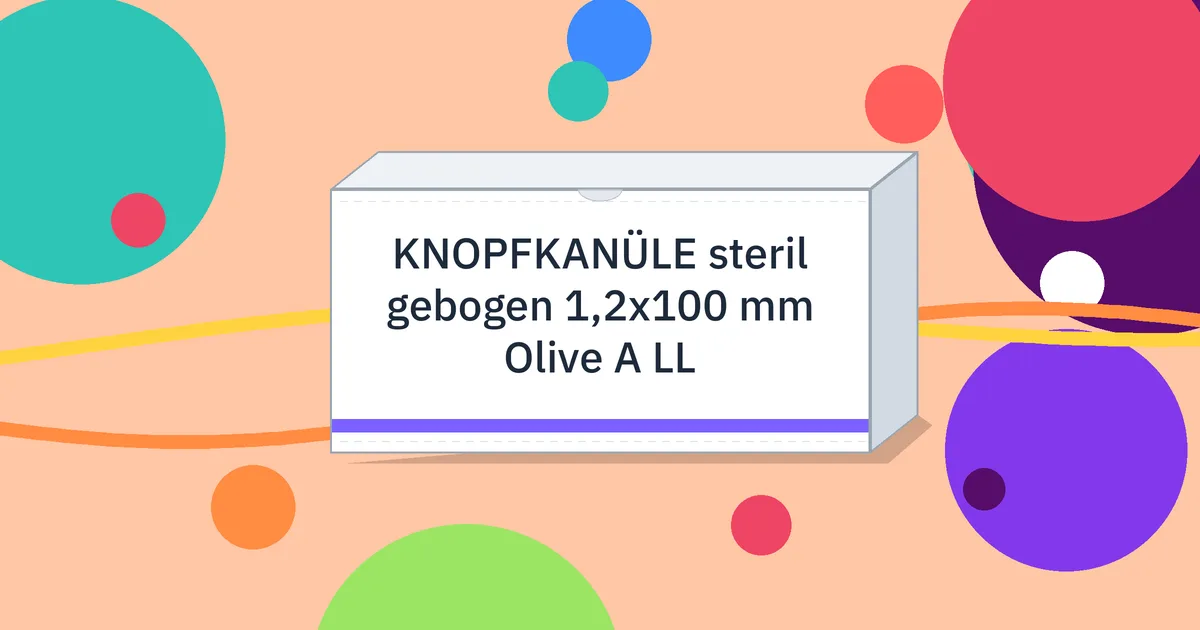 Symbolbild: Packung mit der Aufschrift KNOPFKANÜLE steril gebogen 1,2x100 mm Olive A LL (PZN 19978607) – Verfügbarkeit und Bezug in Apotheken in Frankfurt am Main