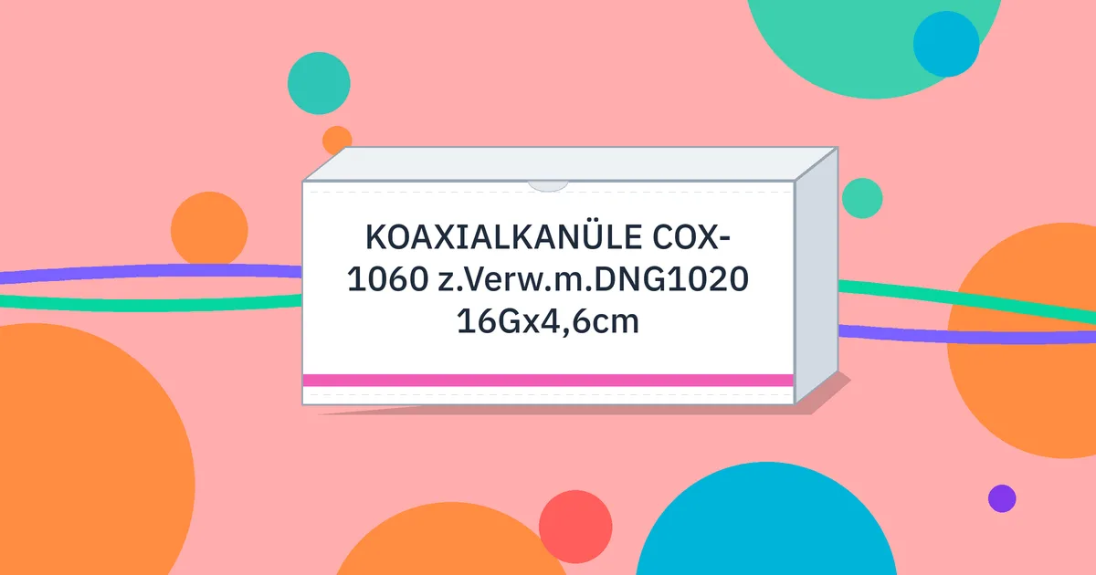 Symbolbild: Packung mit der Aufschrift KOAXIALKANÜLE COX-1060 z.Verw.m.DNG1020 16Gx4,6cm (PZN 00284204) – Verfügbarkeit und Bezug in Apotheken in Frankfurt am Main
