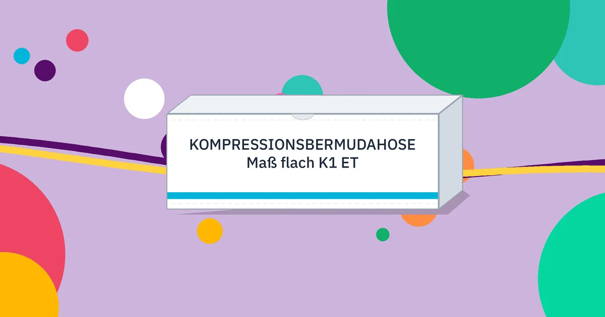 Symbolbild: Packung mit der Aufschrift KOMPRESSIONSBERMUDAHOSE Maß flach K1 ET (PZN 16745883) – Verfügbarkeit und Bezug in Apotheken in Frankfurt am Main