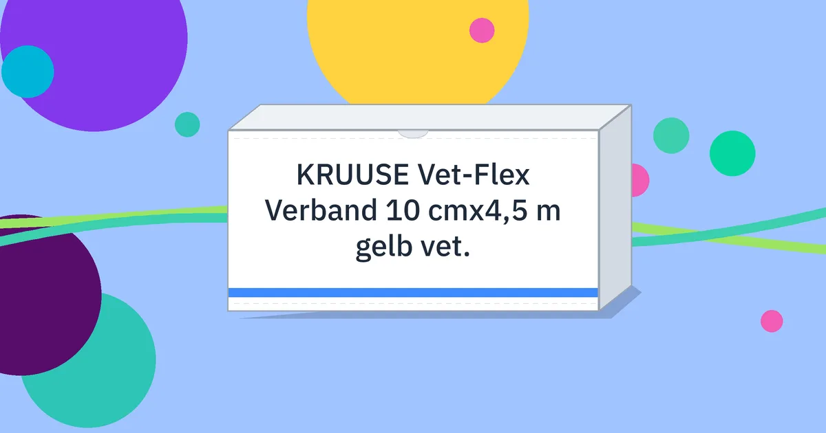 Symbolbild: Packung mit der Aufschrift KRUUSE Vet-Flex Verband 10 cmx4,5 m gelb vet. (PZN 18443442) – Verfügbarkeit und Bezug in Apotheken in Frankfurt am Main