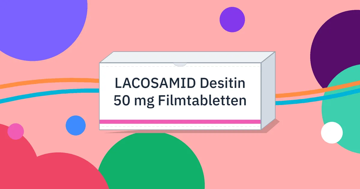 Symbolbild: Packung mit der Aufschrift LACOSAMID Desitin 50 mg Filmtabletten (PZN 17897224) – Verfügbarkeit und Bezug in Apotheken in Frankfurt am Main