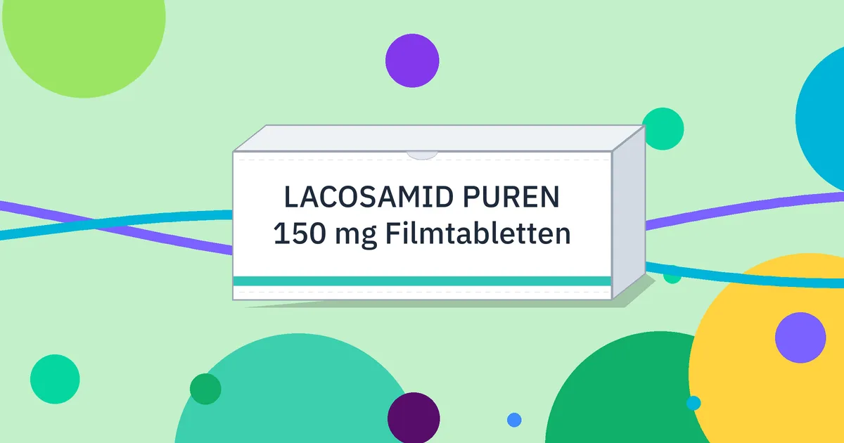 Symbolbild: Packung mit der Aufschrift LACOSAMID PUREN 150 mg Filmtabletten (PZN 17636908) – Verfügbarkeit und Bezug in Apotheken in Frankfurt am Main