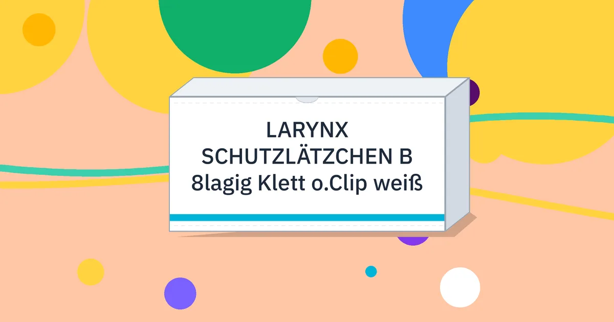 Symbolbild: Packung mit der Aufschrift LARYNX SCHUTZLÄTZCHEN B 8lagig Klett o.Clip weiß (PZN 00140416) – Verfügbarkeit und Bezug in Apotheken in Frankfurt am Main