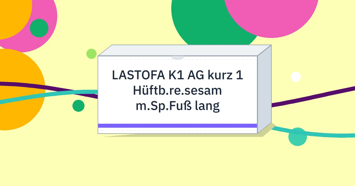 Symbolbild: Packung mit der Aufschrift LASTOFA K1 AG kurz 1 Hüftb.re.sesam m.Sp.Fuß lang (PZN 13797431) – Verfügbarkeit und Bezug in Apotheken in Frankfurt am Main