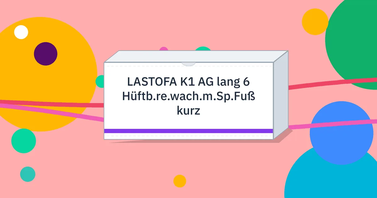 Symbolbild: Packung mit der Aufschrift LASTOFA K1 AG lang 6 Hüftb.re.wach.m.Sp.Fuß kurz (PZN 13799134) – Verfügbarkeit und Bezug in Apotheken in Frankfurt am Main