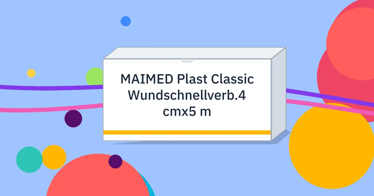 Symbolbild: Packung mit der Aufschrift MAIMED Plast Classic Wundschnellverb.4 cmx5 m (PZN 18037860) – Verfügbarkeit und Bezug in Apotheken in Frankfurt am Main