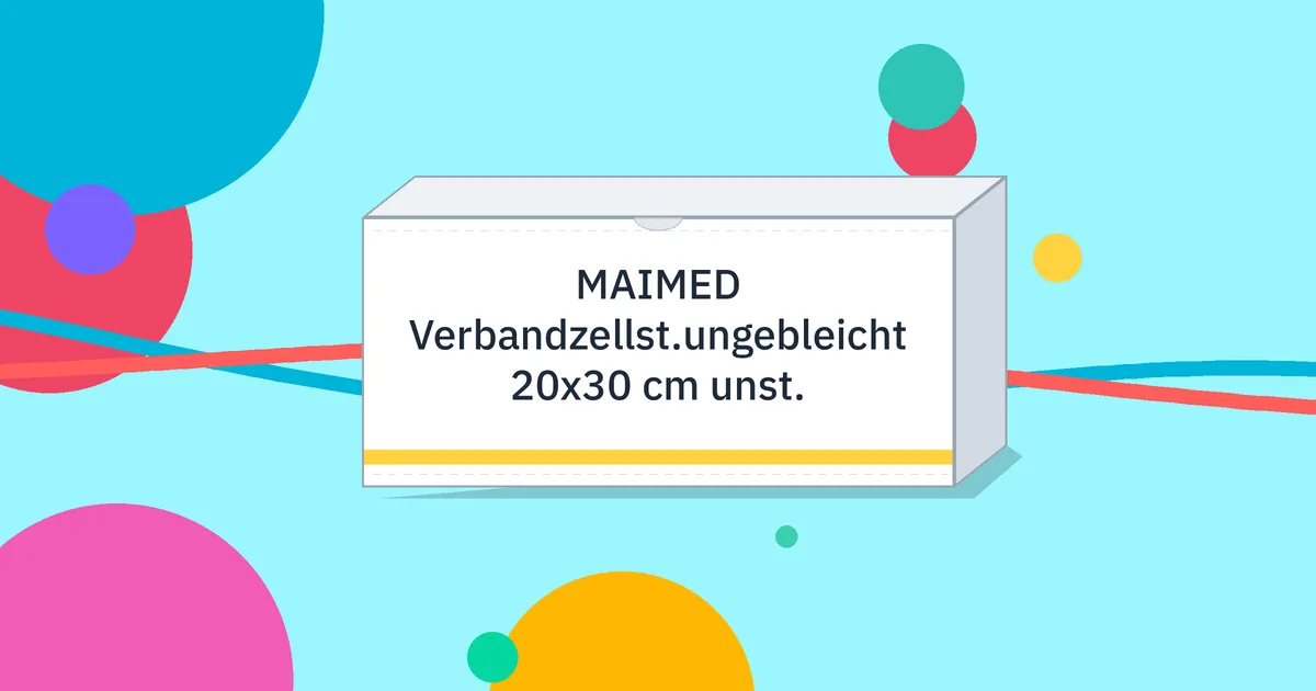 Symbolbild: Packung mit der Aufschrift MAIMED Verbandzellst.ungebleicht 20x30 cm unst. (PZN 05013059) – Verfügbarkeit und Bezug in Apotheken in Frankfurt am Main