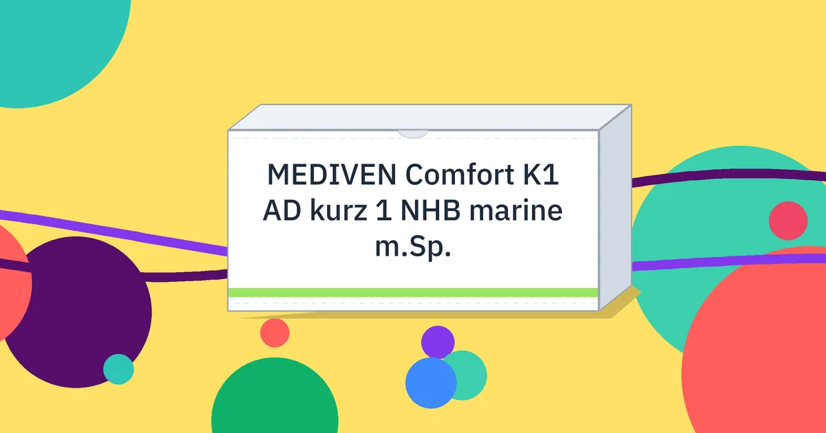 Symbolbild: Packung mit der Aufschrift MEDIVEN Comfort K1 AD kurz 1 NHB marine m.Sp. (PZN 14557108) – Verfügbarkeit und Bezug in Apotheken in Frankfurt am Main