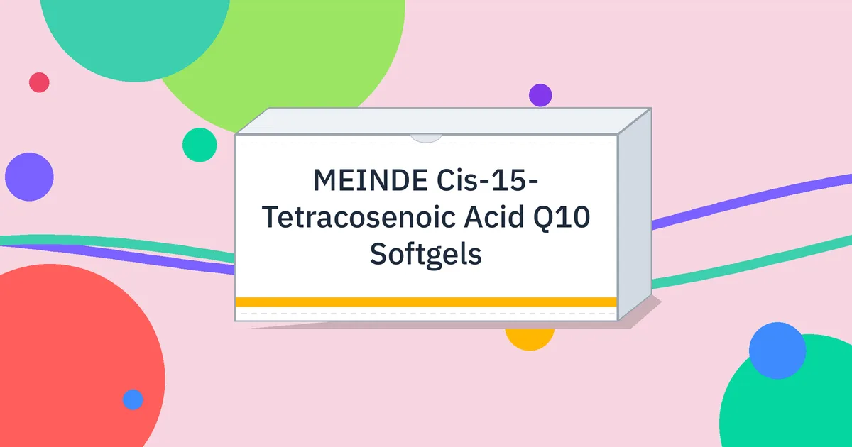Symbolbild: Packung mit der Aufschrift MEINDE Cis-15-Tetracosenoic Acid Q10 Softgels (PZN 20103469) – Verfügbarkeit und Bezug in Apotheken in Frankfurt am Main