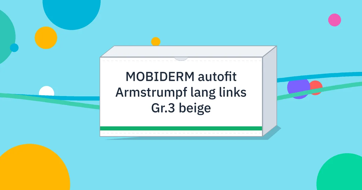 Symbolbild: Packung mit der Aufschrift MOBIDERM autofit Armstrumpf lang links Gr.3 beige (PZN 19741905) – Verfügbarkeit und Bezug in Apotheken in Frankfurt am Main