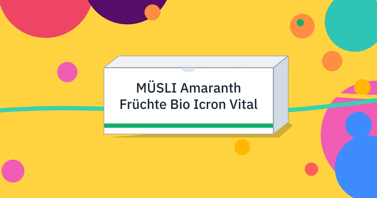 Symbolbild: Packung mit der Aufschrift MÜSLI Amaranth Früchte Bio Icron Vital (PZN 01911703) – Verfügbarkeit und Bezug in Apotheken in Frankfurt am Main