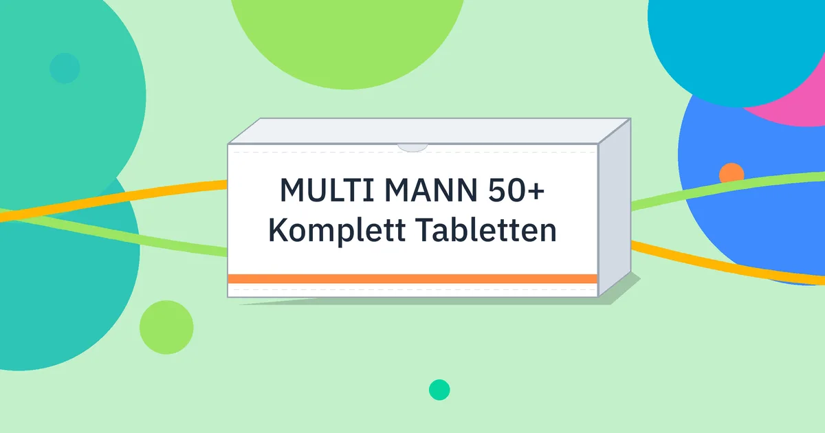 Symbolbild: Packung mit der Aufschrift MULTI MANN 50+ Komplett Tabletten (PZN 18605850) – Verfügbarkeit und Bezug in Apotheken in Frankfurt am Main