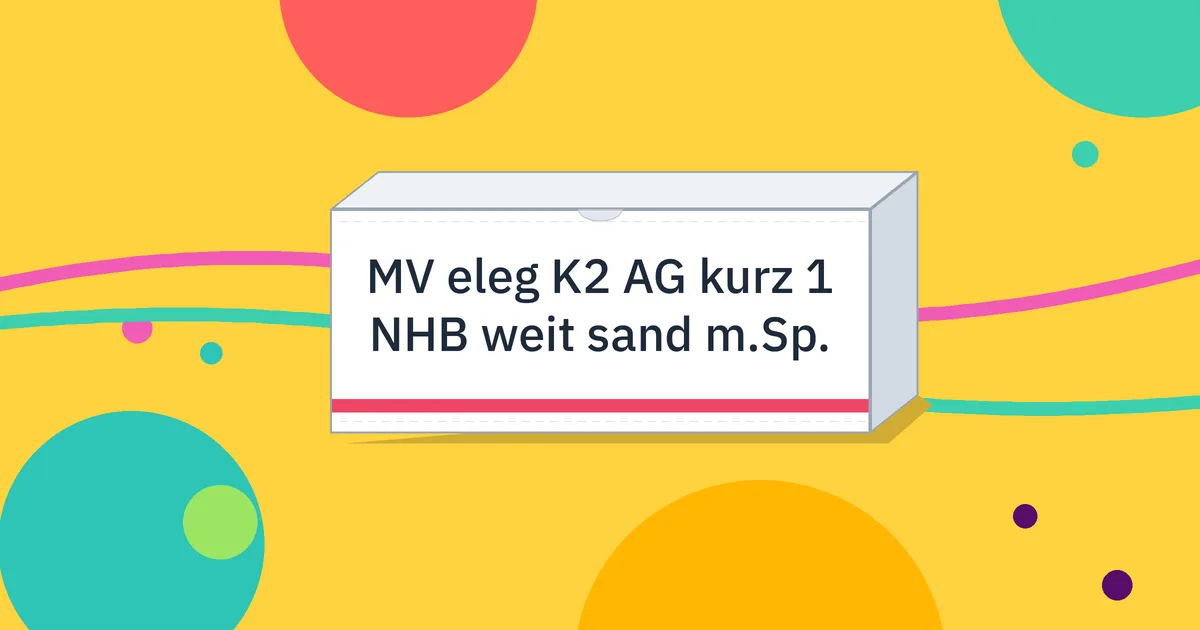 Symbolbild: Packung mit der Aufschrift MV eleg K2 AG kurz 1 NHB weit sand m.Sp. (PZN 18925218) – Verfügbarkeit und Bezug in Apotheken in Frankfurt am Main