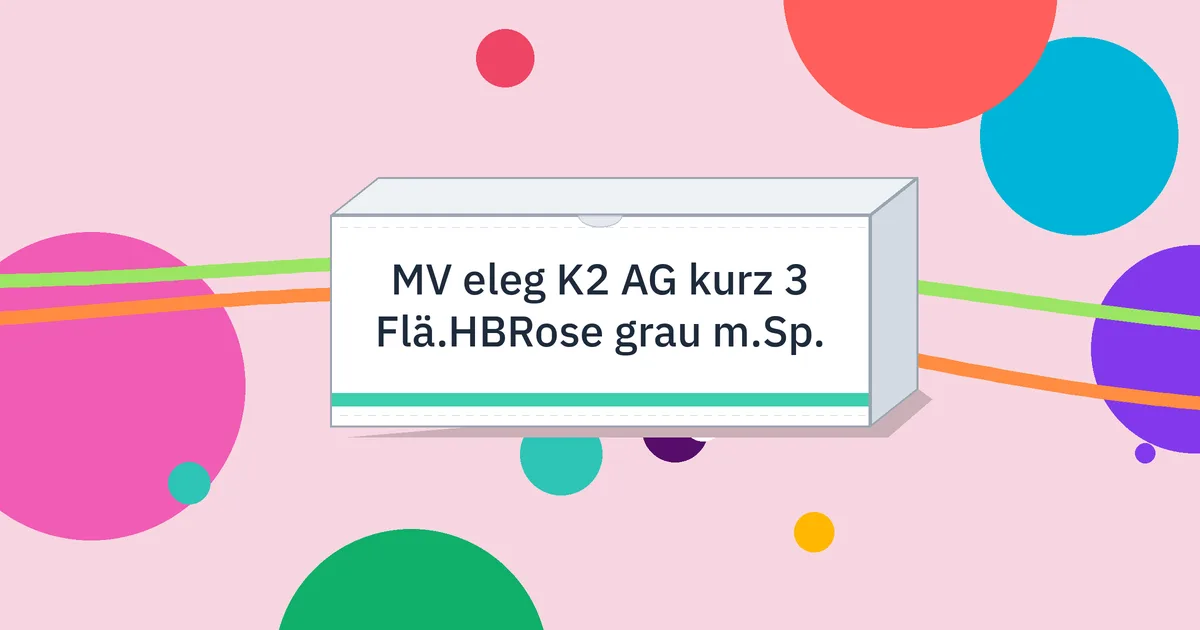 Symbolbild: Packung mit der Aufschrift MV eleg K2 AG kurz 3 Flä.HBRose grau m.Sp. (PZN 18925767) – Verfügbarkeit und Bezug in Apotheken in Frankfurt am Main