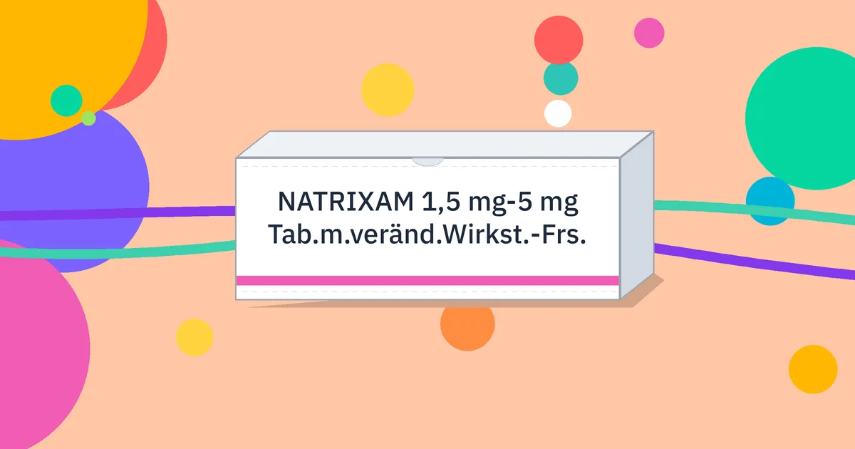 Symbolbild: Packung mit der Aufschrift NATRIXAM 1,5 mg-5 mg Tab.m.veränd.Wirkst.-Frs. (PZN 18254698) – Verfügbarkeit und Bezug in Apotheken in Frankfurt am Main