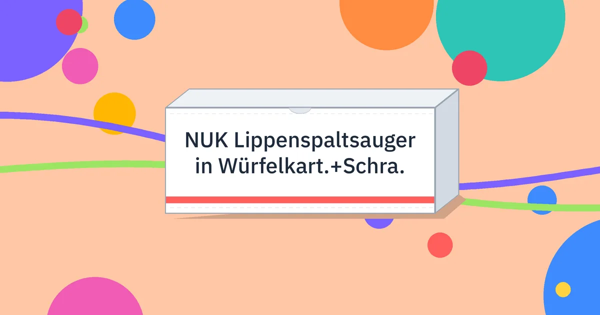 Symbolbild: Packung mit der Aufschrift NUK Lippenspaltsauger in Würfelkart.+Schra. (PZN 03813146) – Verfügbarkeit und Bezug in Apotheken in Frankfurt am Main