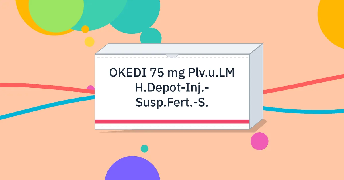 Symbolbild: Packung mit der Aufschrift OKEDI 75 mg Plv.u.LM H.Depot-Inj.-Susp.Fert.-S. (PZN 19297563) – Verfügbarkeit und Bezug in Apotheken in Frankfurt am Main