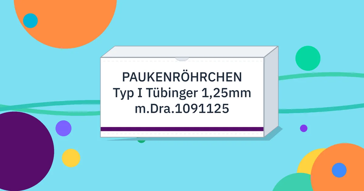 Symbolbild: Packung mit der Aufschrift PAUKENRÖHRCHEN Typ I Tübinger 1,25mm m.Dra.1091125 (PZN 00184773) – Verfügbarkeit und Bezug in Apotheken in Frankfurt am Main