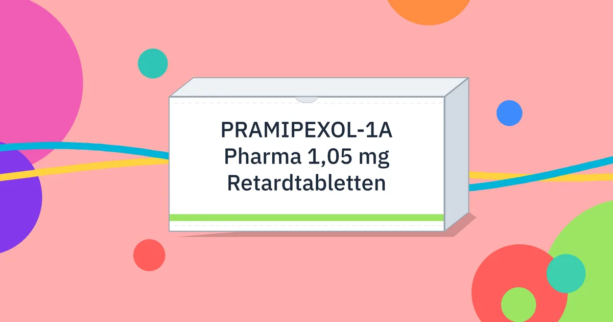Symbolbild: Packung mit der Aufschrift PRAMIPEXOL-1A Pharma 1,05 mg Retardtabletten (PZN 07604273) – Verfügbarkeit und Bezug in Apotheken in Frankfurt am Main