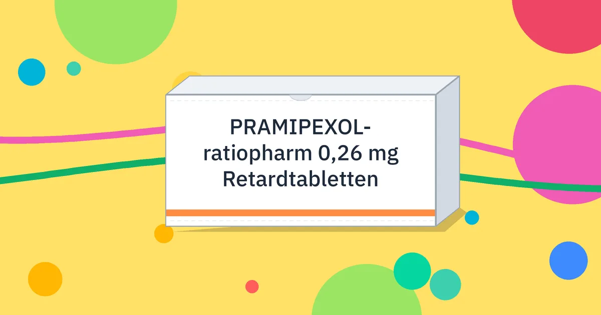 Symbolbild: Packung mit der Aufschrift PRAMIPEXOL-ratiopharm 0,26 mg Retardtabletten (PZN 10072147) – Verfügbarkeit und Bezug in Apotheken in Frankfurt am Main