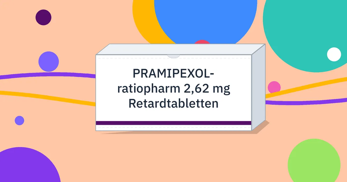 Symbolbild: Packung mit der Aufschrift PRAMIPEXOL-ratiopharm 2,62 mg Retardtabletten (PZN 10072265) – Verfügbarkeit und Bezug in Apotheken in Frankfurt am Main
