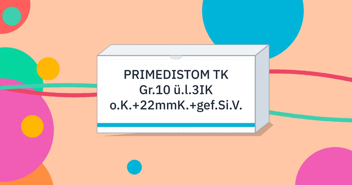 Symbolbild: Packung mit der Aufschrift PRIMEDISTOM TK Gr.10 ü.l.3IK o.K.+22mmK.+gef.Si.V. (PZN 10262793) – Verfügbarkeit und Bezug in Apotheken in Frankfurt am Main