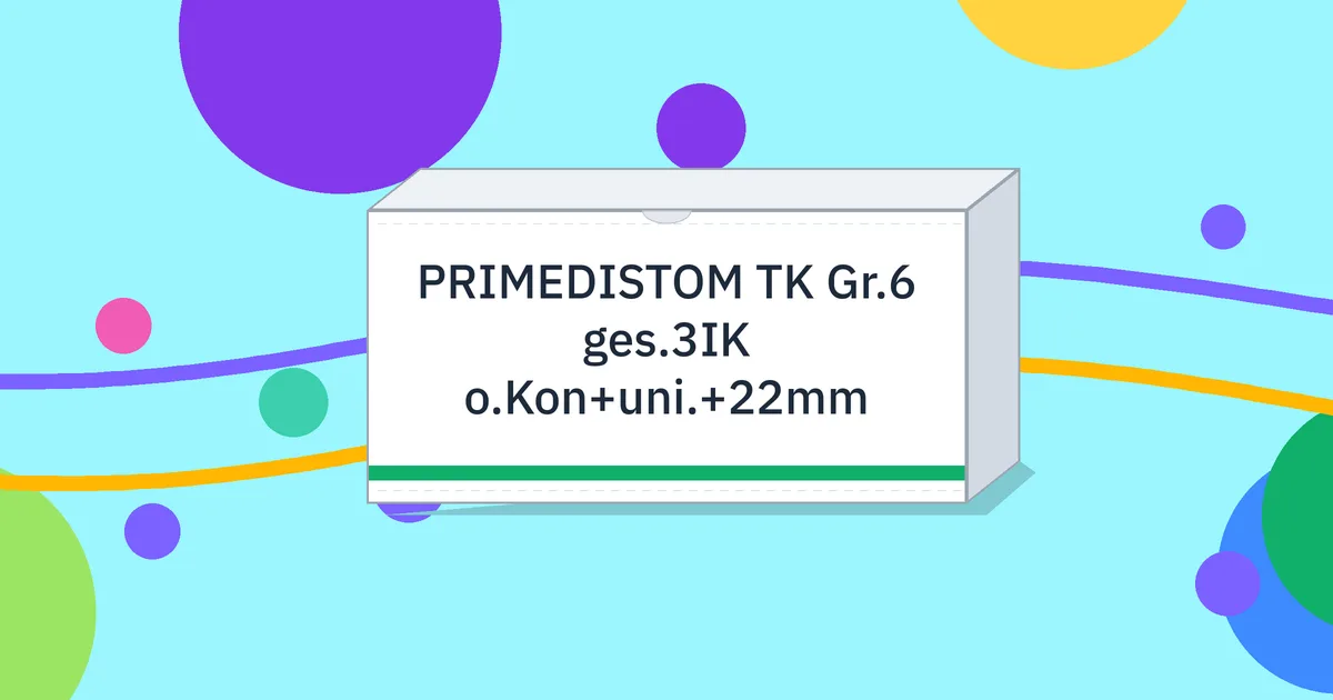 Symbolbild: Packung mit der Aufschrift PRIMEDISTOM TK Gr.6 ges.3IK o.Kon+uni.+22mm (PZN 10209379) – Verfügbarkeit und Bezug in Apotheken in Frankfurt am Main