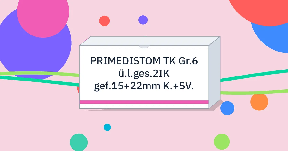 Symbolbild: Packung mit der Aufschrift PRIMEDISTOM TK Gr.6 ü.l.ges.2IK gef.15+22mm K.+SV. (PZN 10928447) – Verfügbarkeit und Bezug in Apotheken in Frankfurt am Main