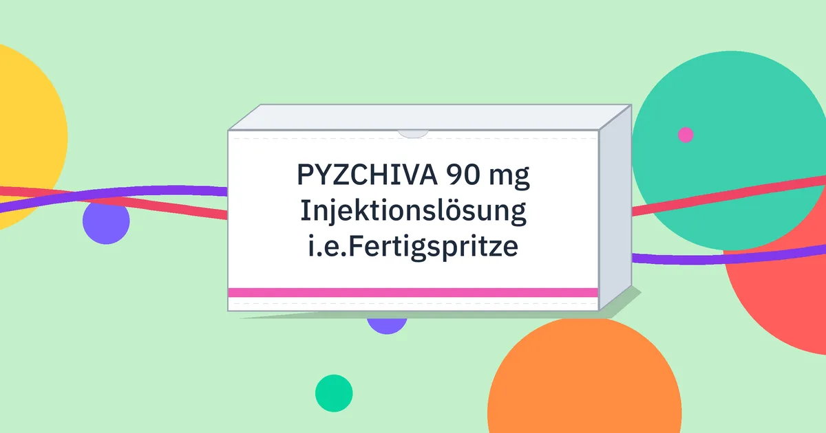 Symbolbild: Packung mit der Aufschrift PYZCHIVA 90 mg Injektionslösung i.e.Fertigspritze (PZN 19691774) – Verfügbarkeit und Bezug in Apotheken in Frankfurt am Main