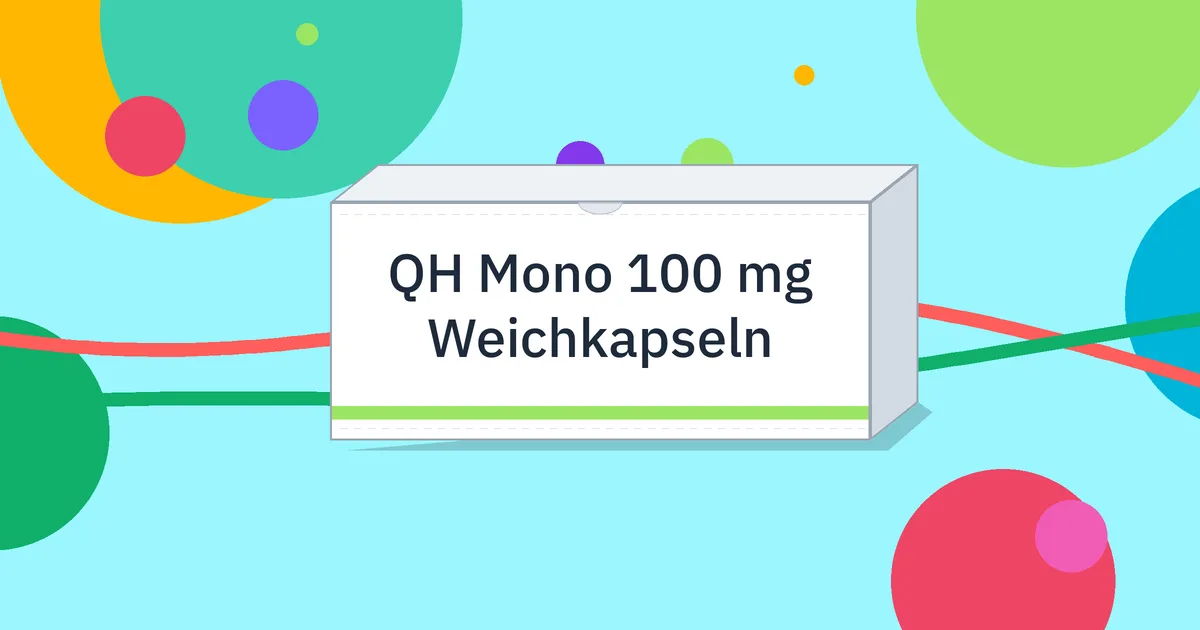 Symbolbild: Packung mit der Aufschrift QH Mono 100 mg Weichkapseln (PZN 18214368) – Verfügbarkeit und Bezug in Apotheken in Frankfurt am Main